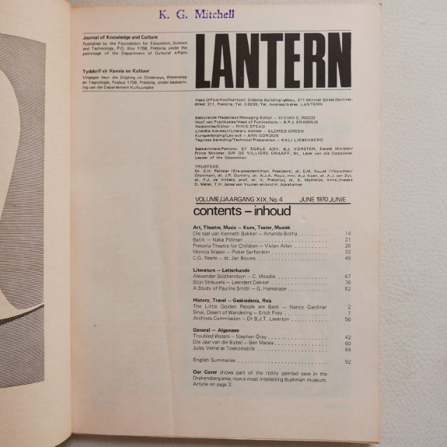LANTERN – Tydskrif vir Kennis en Kultuur – Journal of Knowledge and Culture – June/Junie 1970 ...