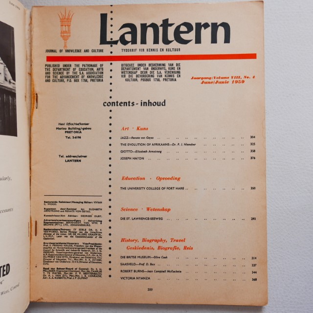 LANTERN – Tydskrif vir Kennis en Kultuur – Journal of Knowledge and Culture – June/Junie 1959 ...